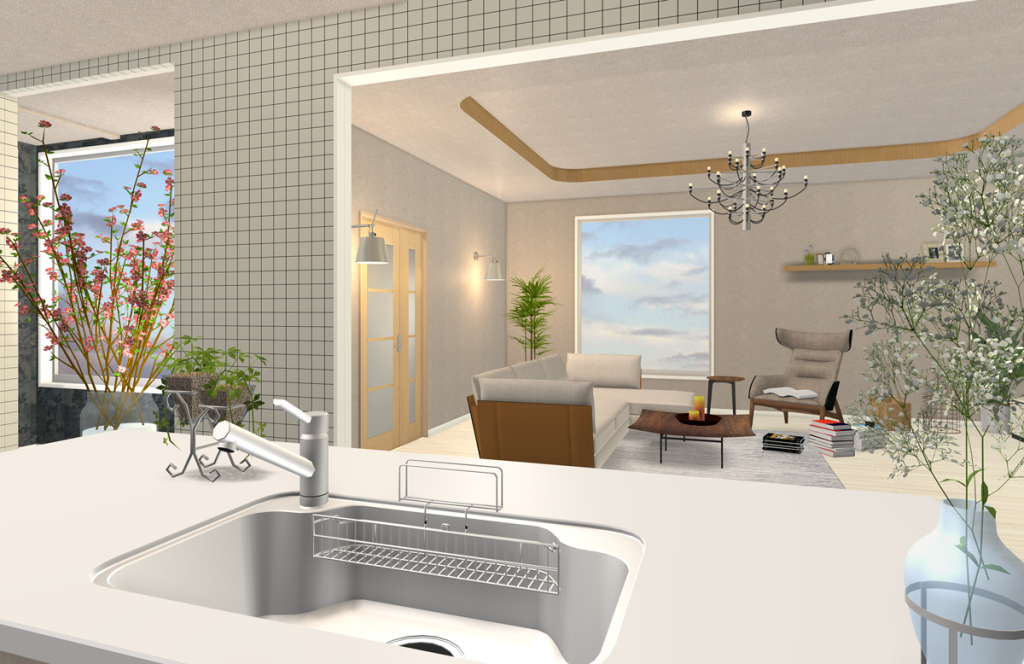 【新着パーツ使ってみた-27／LIXIL】新着パーツを使って理想のLDKを作ってみた。すべてにアクセスが良いLDKの特等席はここでした！ – メガソフト株式会社